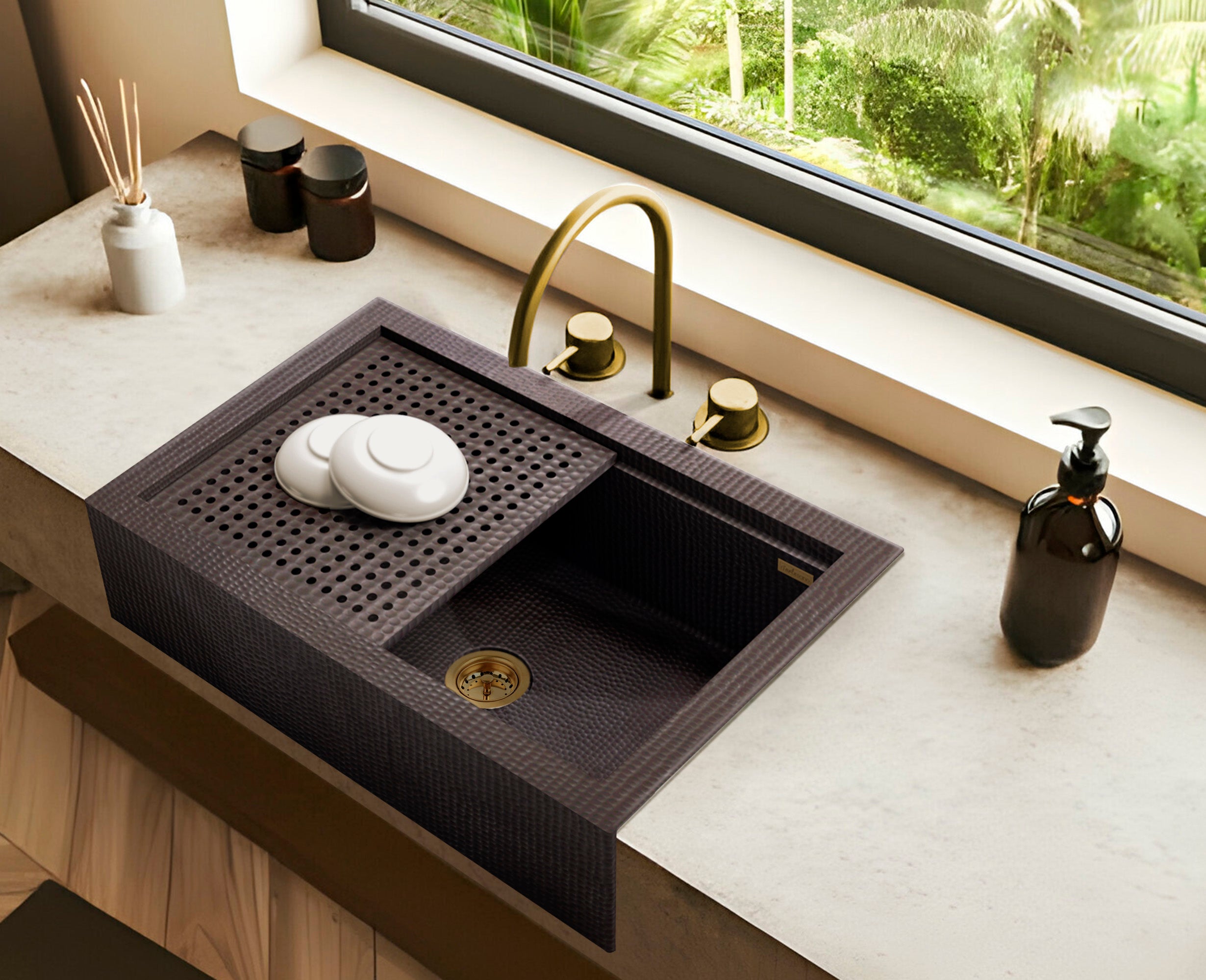 Tarja de cocina Farmhouse en cobre con escurridor desmontable – d'artesano